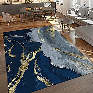 Blue Gold Pigment Area Rugs, Hand Painted Oil Painting Carpet, Bathroom Rugs Durable Quick Dry Machine Washable for Living Room Study Bedroom Kitchen Office,5×8ft /150 *240 cm