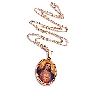 LESLIE BOULES Sacred Heart of Jesus Pendant Necklace for Women 18K Gold Plated Chain Religious Jewelry