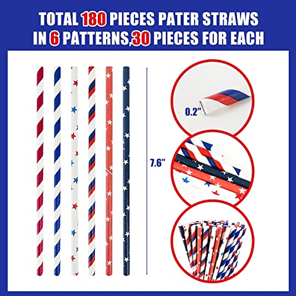 Cieovo 180 Pcs Independence Day Paper Straw - 4th of July Mixed Star Stripe Drinking Straw for Memorial Patriotic Day Party Celebration Supply