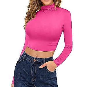 MSBASIC Pink Crop Tops for Women Trendy Underscrub Long Sleeve Turtleneck Basic Slim Fit Tshirts(X-Large,Hot Pink)