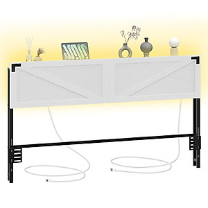 MAHANCRIS King Size Headboard Only, Headboard with 2 Outlets and 4 USB Ports, Farmhouse Headboard, with LED Lights, Secure Storage with Raised Fence, with Bed Frame Adapter, White and Black