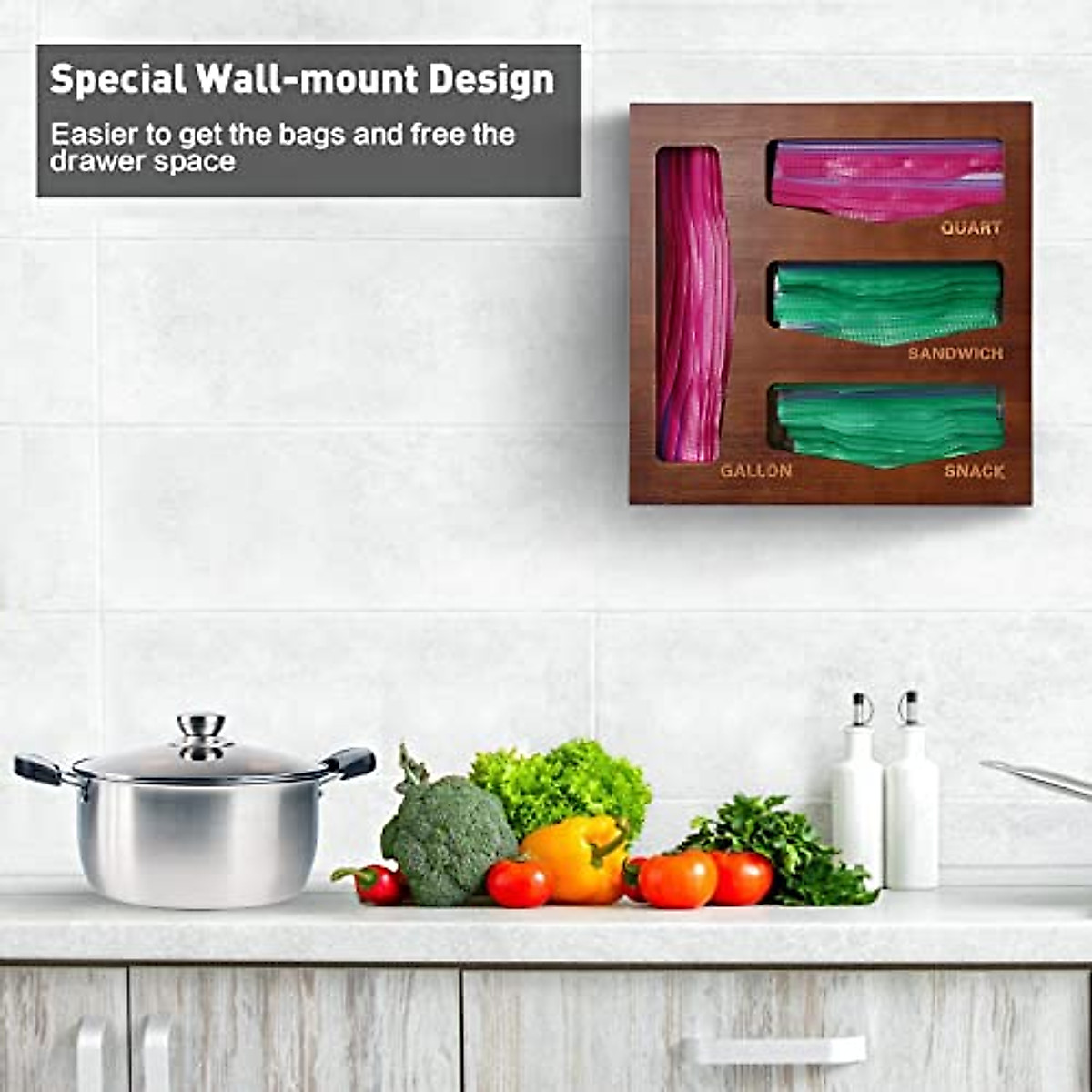 Mohoeey Ziplock Bag Storage Organizer for Kitchen Drawer, Bamboo Baggie Organizer Holder, Suitable for Gallon, Quart, Sandwich and Snack Variety Size Bag (Brown)