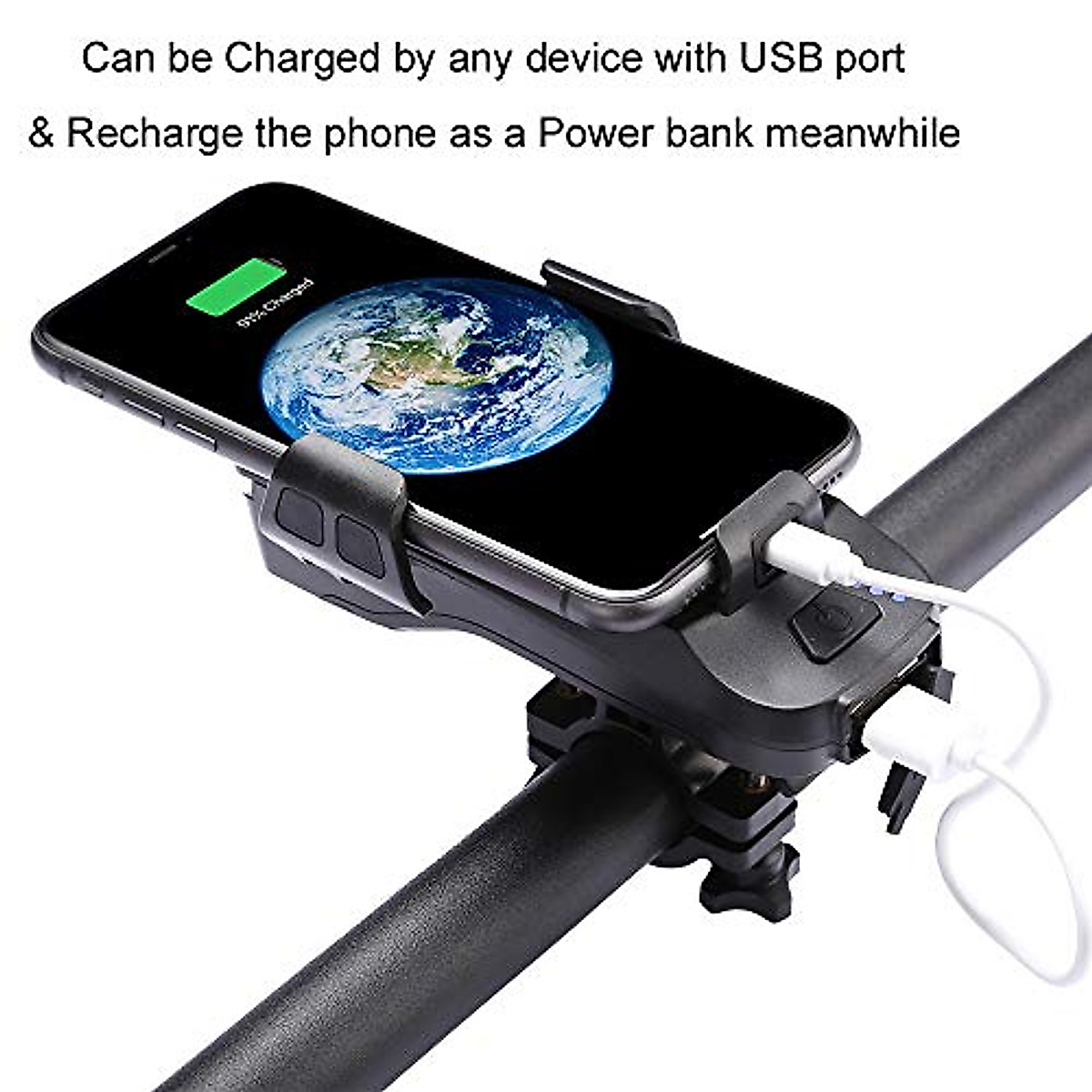 Multifunctional Bike LED Headlight 4000mAh Bicycle Front Lamp 550 Lumens USB Rechargeable Waterproof Cycling Light with Solar Power Bank & Loud Horn & Phone Bracket Holder (with Solar Power)