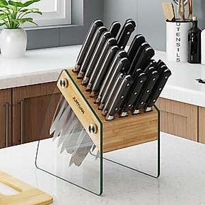 23 Slot Clear Knife Block Without Knives,Kitchen Knife Holder Organizer Stand Durable Bamboo Knife Dock Rack with Transparent Tempered Glass.