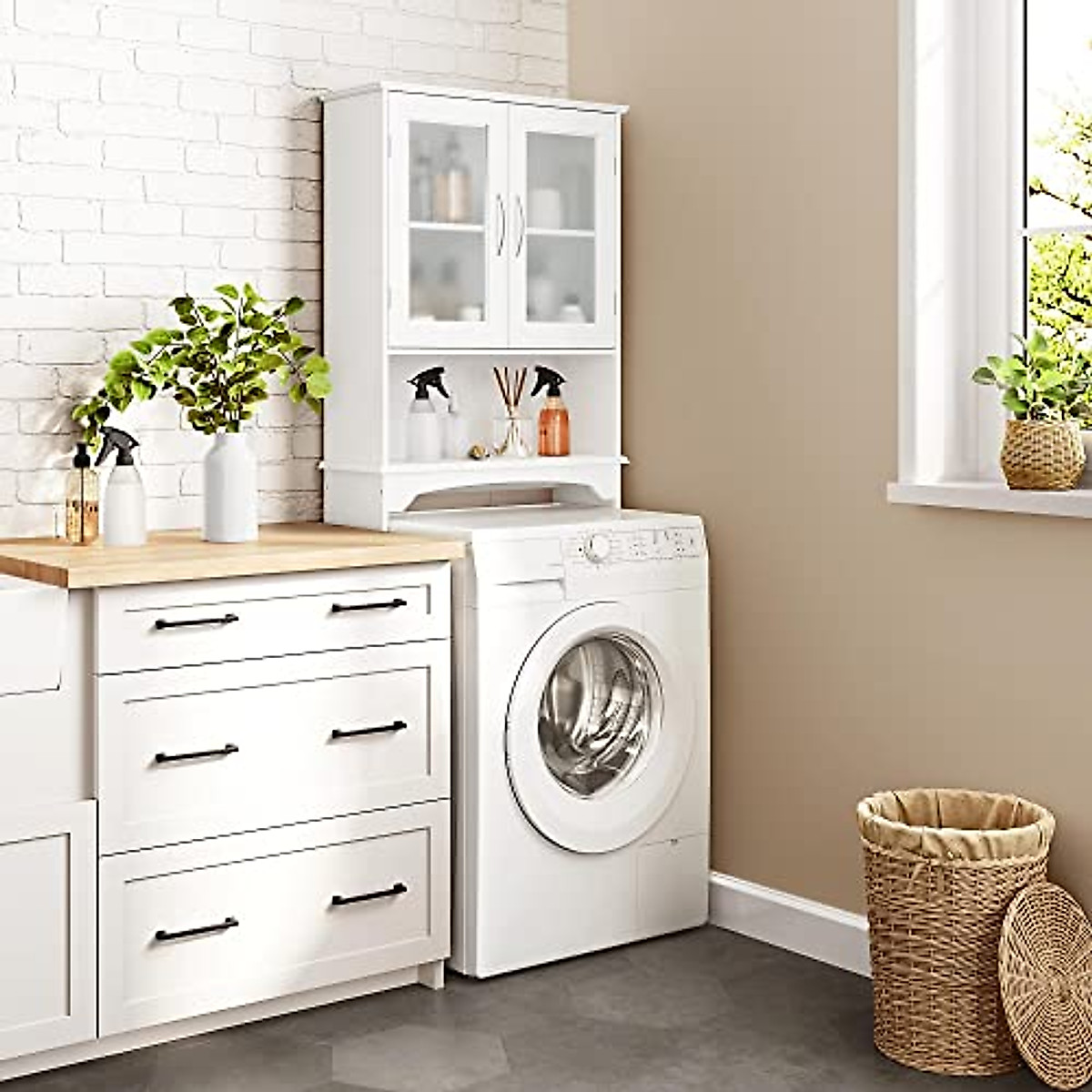 Topeakmart Over The Toilet Storage Cabinet with Adjustable Shelf and Double Tempered Glass Doors, Free Standing Toilet Rack with Open Storage Shelf, White