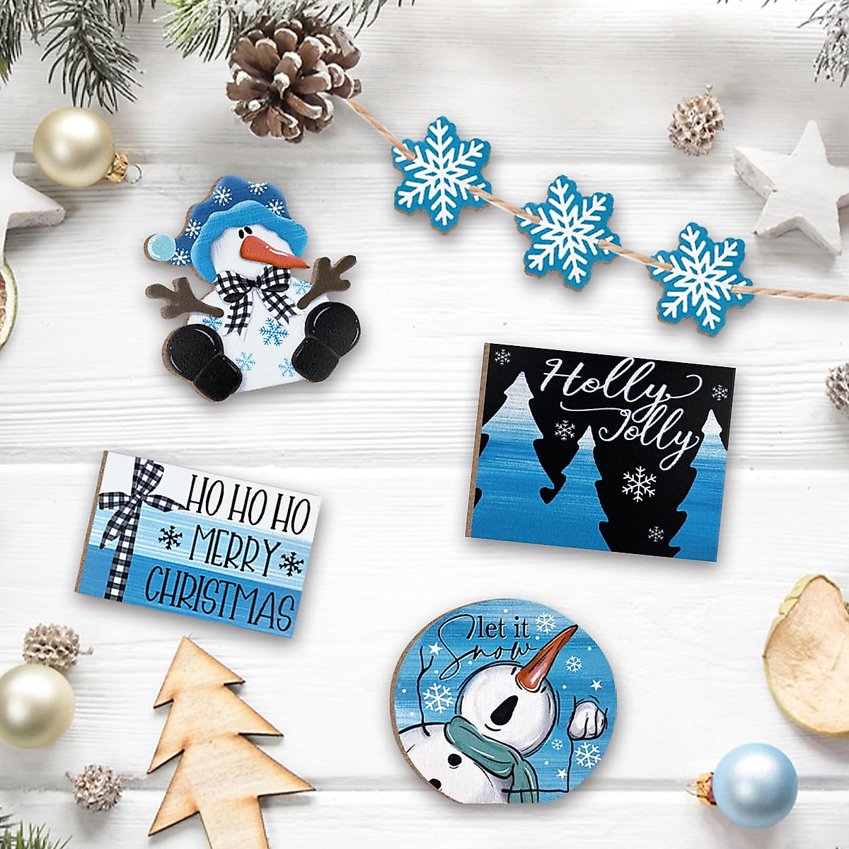 Guoofu Winter Tiered Tray Decor, Christmas Farmhouse Snowman Tray Decorations, Holly Jolly Snowflake Wonderland Wooden Signs, Xmas Holiday Rustic Home Decor for Tabletop Shelf Mantel Party