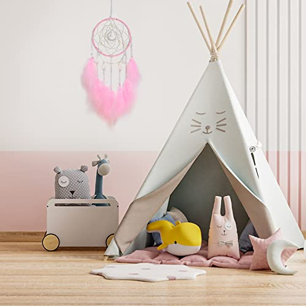 Nice Dream Pink Dream Catchers, Room Nursery Decor for Girls Boys, Handmade Feather Wall Decor with Lights, Home Ornaments Craft Gift for Bedroom