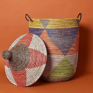 Senegal Extra Large Hand Woven Grass Colorful Triangle Basket with Hooded Lid