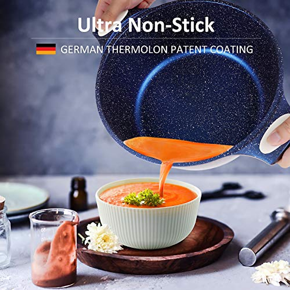 5QT Stock Pot with Lid - Nonstick Saucepan Cooking Pot Pasta Pot with USA Blue Gradient Granite Derived Coating, Heat-resisted Silicon Handle,PFOA&PFOS Free,Induction Compatible, Ideal Christmas Gift