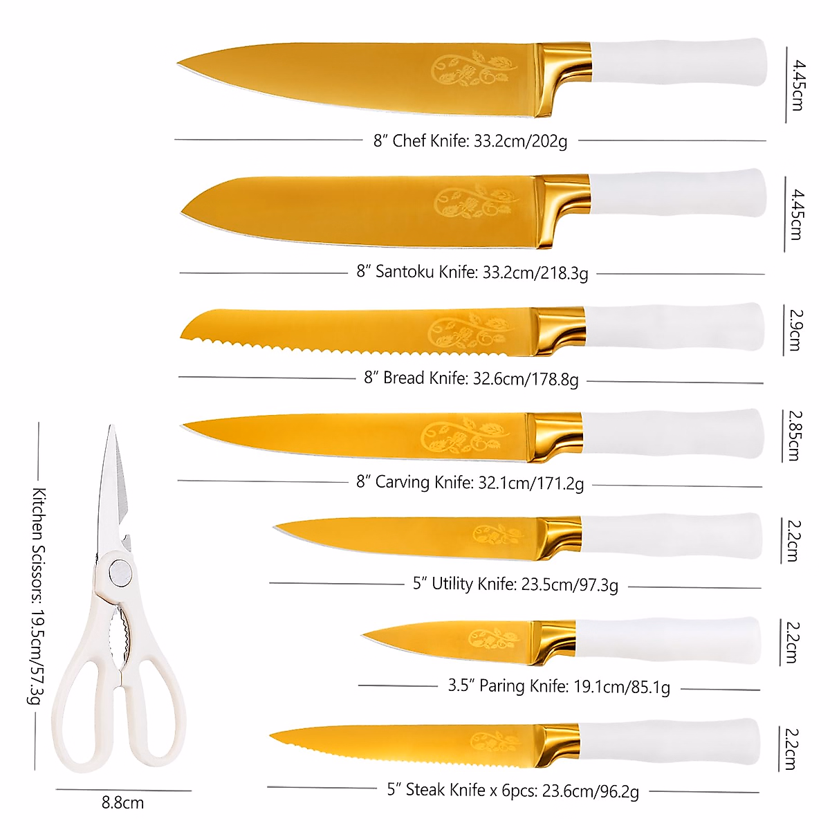 Gold Knife Set with White Handle, 14PCS Premium Quality Titanium Coated Hollow Handle Kitchen Knife Sets, Stainless Steel Chef Gold Kitchen Knife Sets with White Block, Non-slip Ergonomic Handle