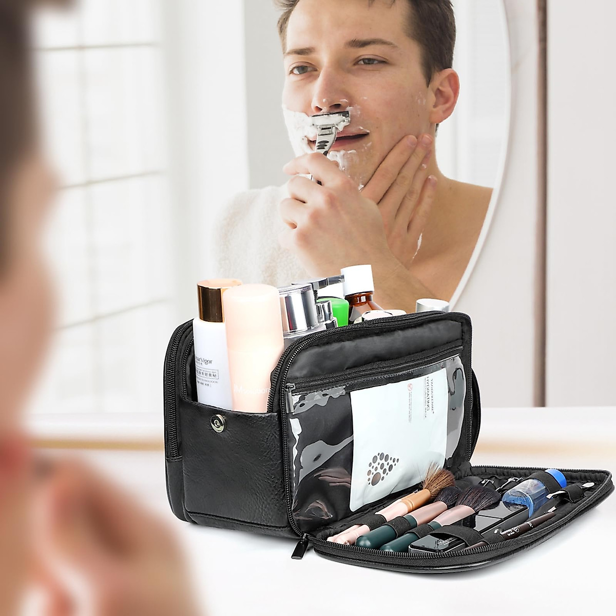 GANIBAGS Toiletry Bag for Men, Travel Organizer Leather Dopp Kit Water-resistant Shaving Bag for Toiletries Accessories… (Black)