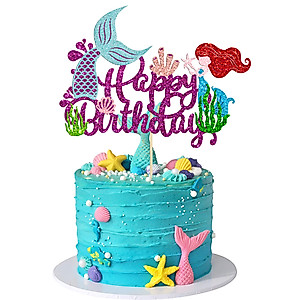 Gyufise 1Pcs Mermaid Happy Birthday Cake Topper Glitter Mermaid Cake Pick Seashells Coral Mermaid Tail Cake Decoration for Under the Sea Baby Shower Birthday Party Supplies Purple
