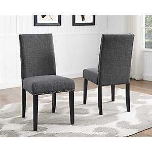 Roundhill Furniture Biony Gray Fabric Dining Chairs with Nailhead Trim, Pack of 2