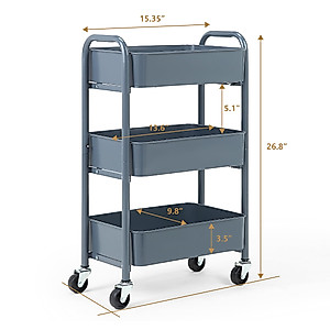 SunnyPoint 3-Tier Delicate Compact Rolling Metal Storage Organizer - Mobile Utility Cart Kitchen/Under Desk Cart with Caster Wheels (Blue, Compact (15.5" X 26.8" X 10.27"))