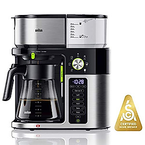 Braun MultiServe Coffee Machine 7 Programmable Brew Sizes / 3 Strengths + Iced Coffee & Hot Water for Tea, Glass Carafe (10-Cup), Stainless/Black, KF9150BK