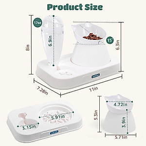 Nobleza 3-in-1 Slow Pet Feeder Bowl Bottle Set, Automatic Pet Dispenser Treat Food & Water Bowl with 15° No Spill Tilted Raised Bowl for Cat Dog Small Medium Pet Kitten Puppy Bunny Healthy Food Water