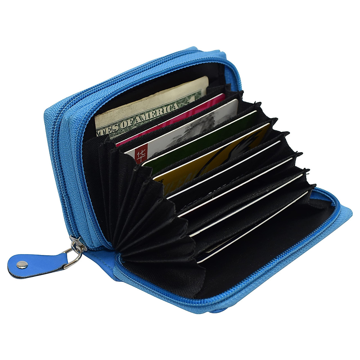 MARSHAL Genuine Leather RFID Identity Protected Double Zippered Accordion Wallet (Baby Blue)