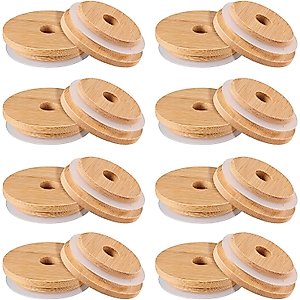 DOITOOL 16Pcs Bamboo Jar Lids with Straw Hole,Reusable Bamboo Lids for Beer Can Glass,Bamboo Mason Jar Lids with Straw Hole for Regular Mason Jar 70MM
