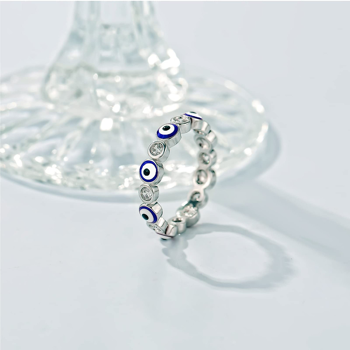 Esbbela Evil Eye Ring for Women 18K White Gold Plated Eye Band Cubic Zirconia Braided Engagement Promise Statement Ring Jewelry Blue Eye Size 8