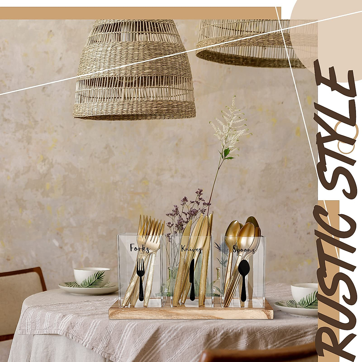 Meanplan Acrylic Utensil Organizer for Countertop Clear Silverware Caddy Countertop Spoon and Fork Holder Flatware Caddy Cutlery Holder with Wooden Tray for Kitchen Storage, Dining Room (Rectangle)