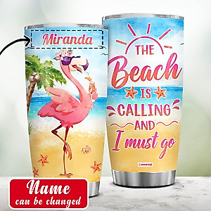 Personalized Flamingo Tumblers - Stainless Steel Coffee Travel Cup 20oz & 30oz - Custom Gifts for Women, Girls, Kids - Summer Vacation & Beach Trip
