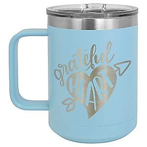 GRATEFUL HEART Light Blue 15 oz Coffee Cup w/Slide Top Lid | Insulated Travel Coffee Mug | Unique Gift Ideas From Women or Men | Compare Price To Yeti Rambler