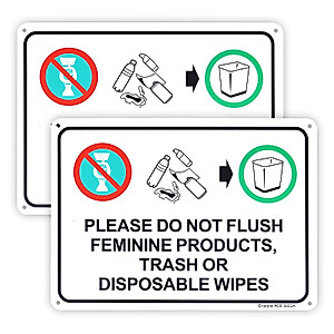 2-Pack Please Do Not Flush Feminine Products, Trash Or Disposable Wipes Sign，10"x 7" Plastic Sign