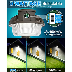 AKK LED Barn Light with Timed Dimming, 80W/60W/40W Selectable, 3000K/4000K/5000K Tunable, 12000LM Dusk to Dawn LED Outdoor Light with Photocell, Waterproof Security Lights, Flood Lights for Barn,Yard