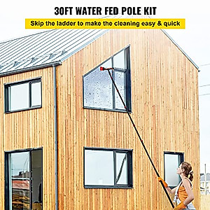 Happybuy Water Fed Pole Kit, 30ft Length Water Fed Brush w/ Squeegee, 9m Water Fed Cleaning System, 3-in-1 Aluminum Outdoor Window Cleaner w/ 33' Hose, Cleaning Tool for Window Glass, Solar Panel