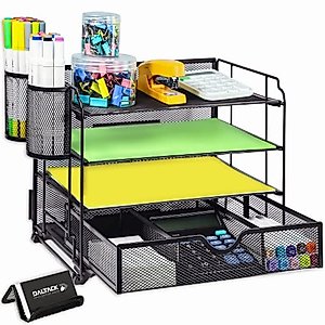 DALTACK 4-Trays Desktop File Organizer with Pen Holder，Letter Tray Paper Organizer with Drawer and Pen Holders, Black Mesh Office Supplies File Holder，Desk Organizer for Office School Home