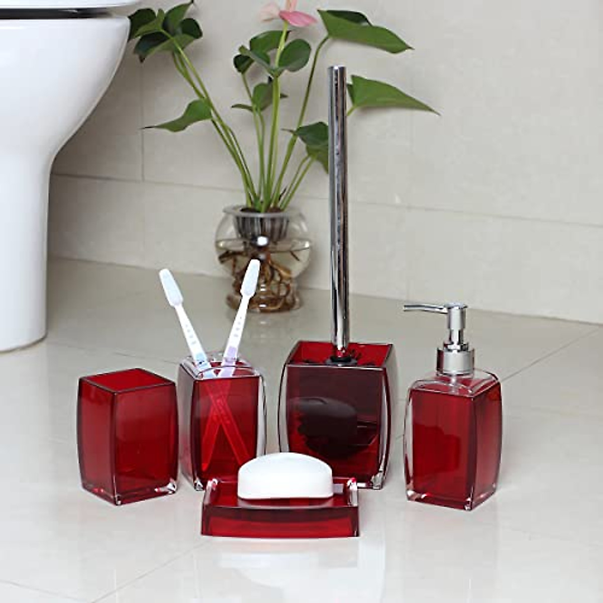TUANYO Resin Red Bathroom Accessories Set, 5 Piece Acrylic Bathroom Accessory Set with Toothbrush Holder Tumbler Soap Dispenser Soap Dish Toilet Brush Set(Red)