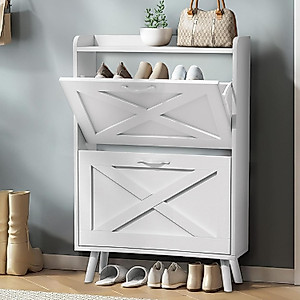 Crownland Shoe Storage Cabinet, Shoe Storage Organizer with 2 Flip-Out Drawers, Modern Two-Tier Freestanding Shoe Rack Cabinet for Entryway, Hallway, Living Room(White-Small)