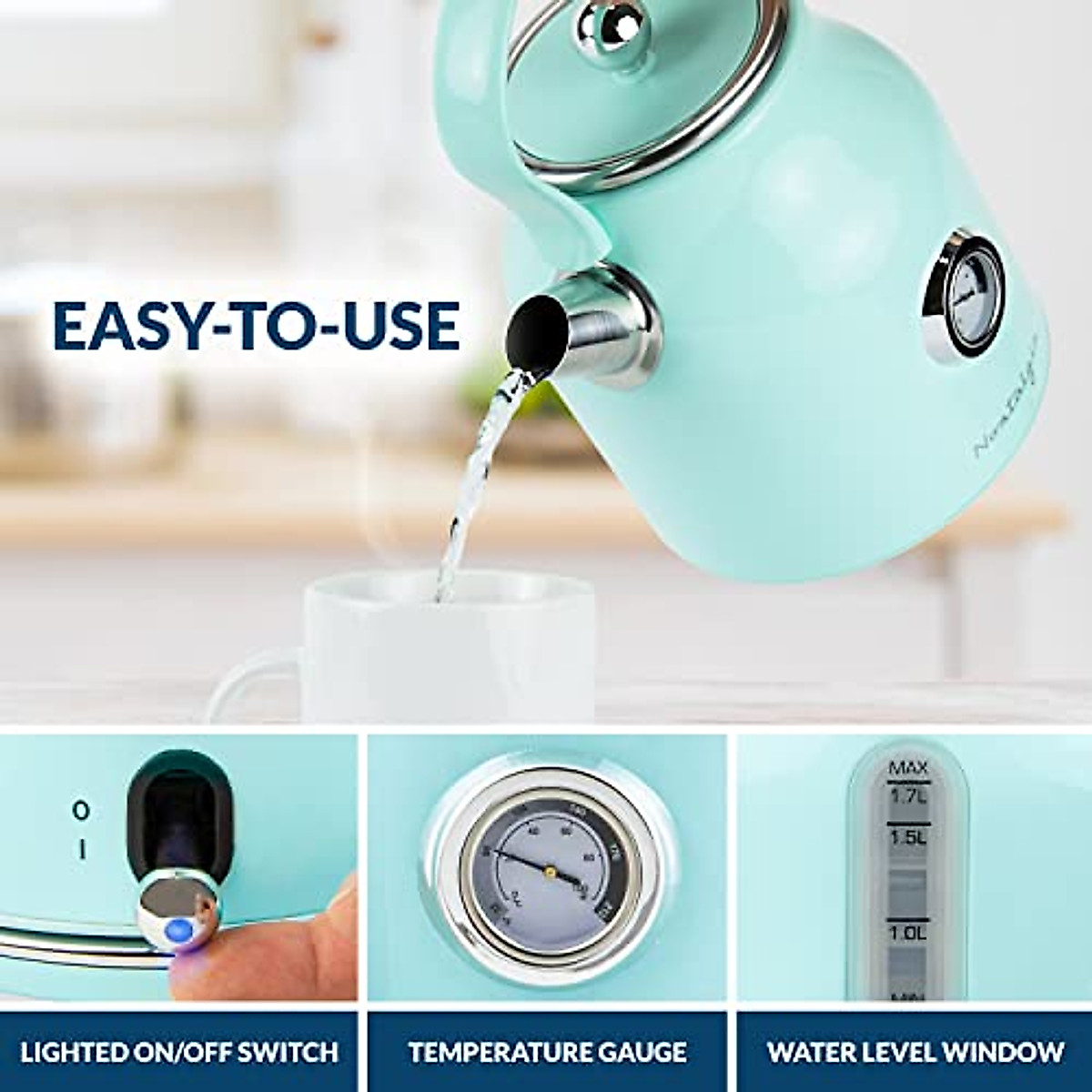 Nostalgia Retro Stainless Steel Electric Tea and Water Kettle, 1.7 Liters, Auto-Shut Off & Boil-Dry Protection, Water Level Indicator Window, Aqua
