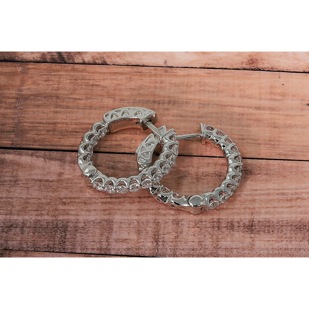 Oro Leoni 925 Sterling Silver CZ Huggie Earrings. Rhodium Plated with Round Cubic Zirconia. 1.5cm Diameter