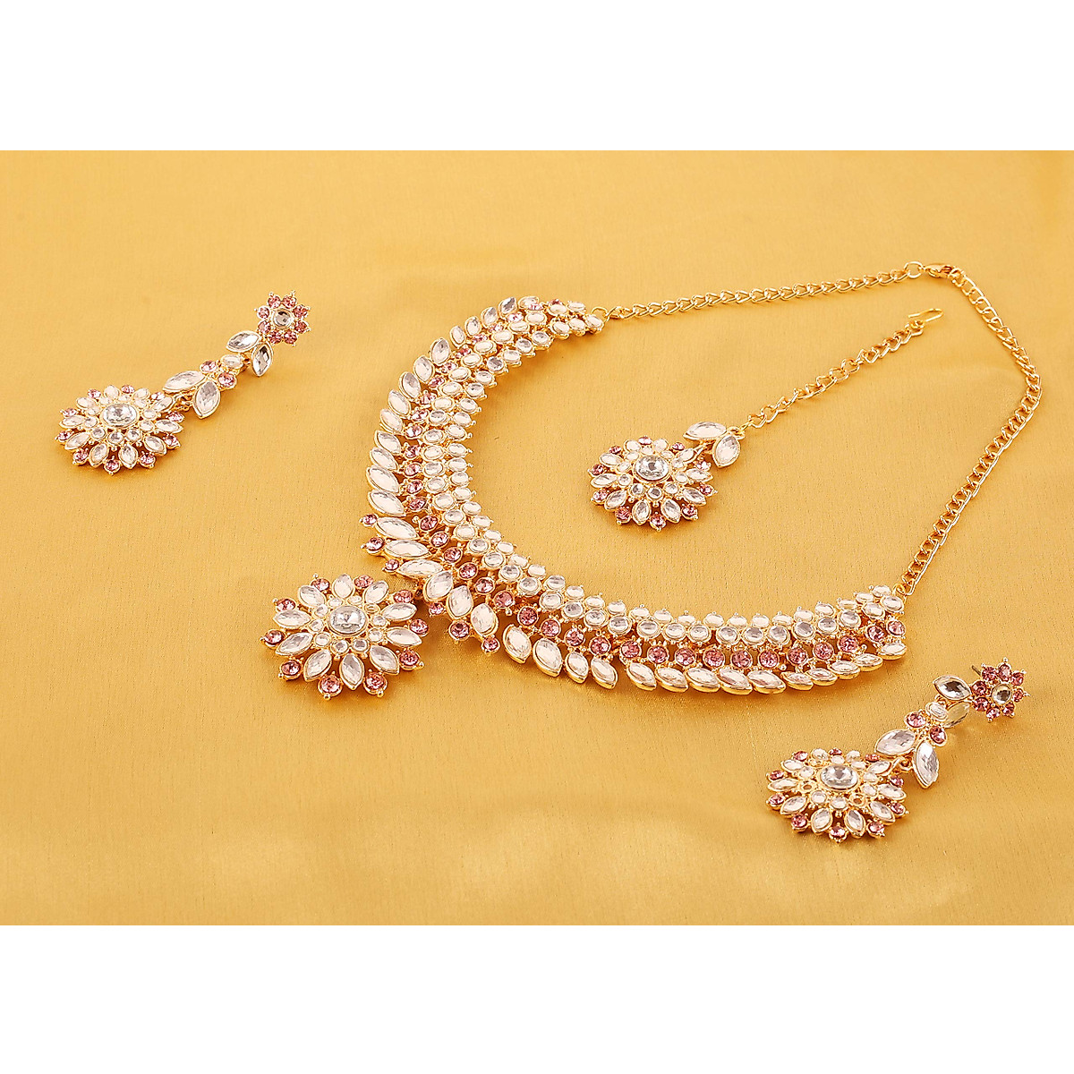 Touchstone gold tone Indian Hollywood Mughal era Kundan look fuchsia color bridal jewelry necklace set
