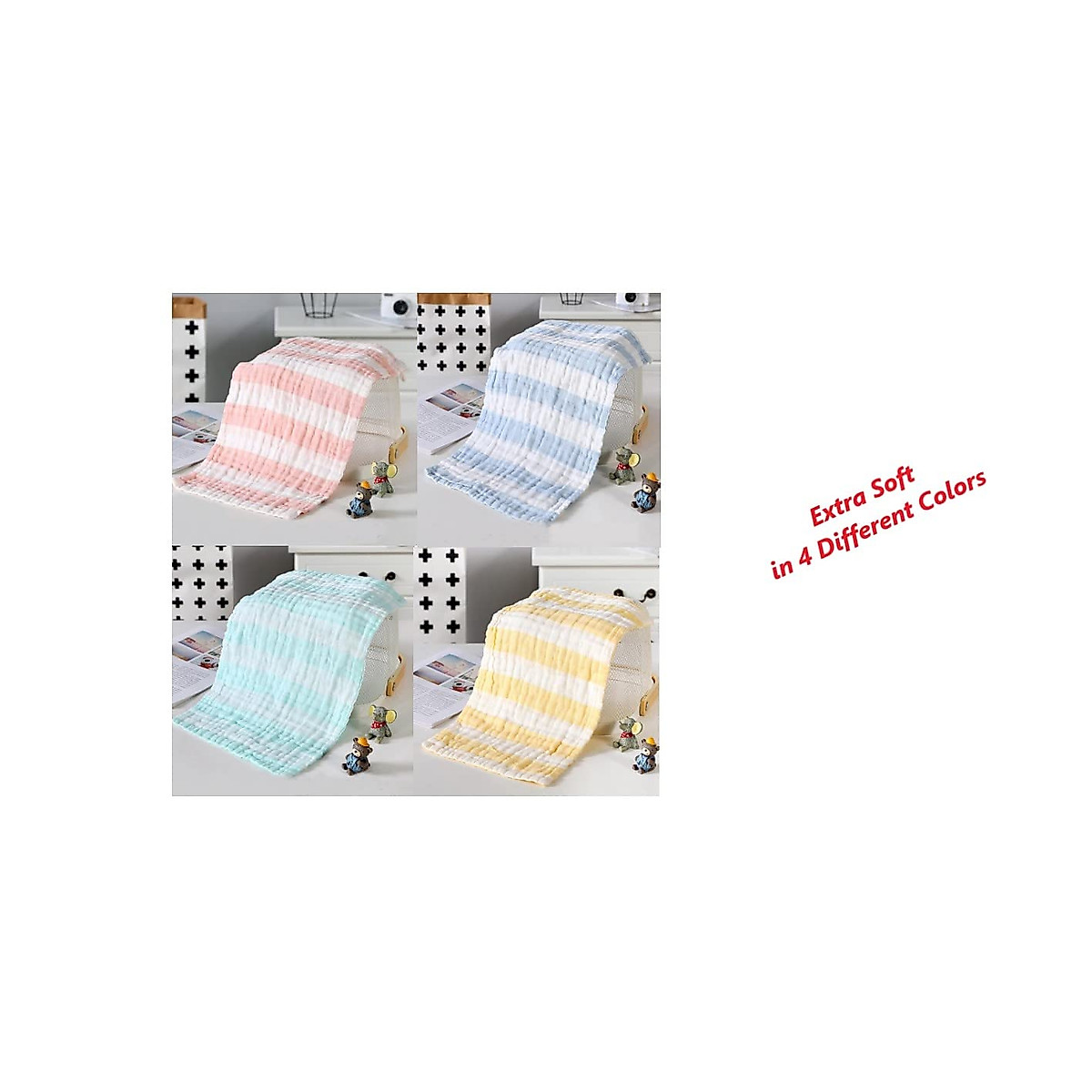 Kidzbee Muslin Burp Cloths for Baby Girls and Boys - 100% Cotton Large Newborn Burping Rags – Super Soft Absorbent Washcloths Perfect Registry Gift Pack of 4 (Blue, Pink, Yellow, Green)