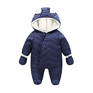 Bafeicao Infant Baby Boy Girl Winter Hooded Snowsuit Romper Zipper Padding Jumpsuit Winter Warm Puffer Jacket with Gloves,Navy Blue, 9-12M