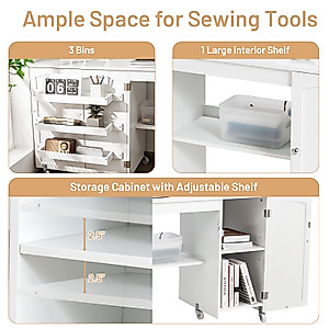 Giantex Folding Sewing Craft Table, 3 Storage Bins, Side Cabinet, Interior Shelf, Rolling Sewing Machine Cabinet Craft Station Desk with Lockable Wheels for Apartment Small Spaces, White