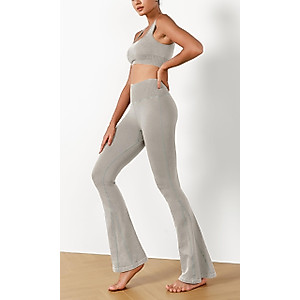 ODODOS Seamless Flare Leggings for Women Ribbed High Waist Gym Workout Casual Bootcut Yoga Pants, Grey, Medium/Large