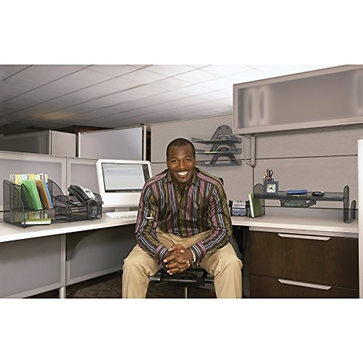 Safco Onyx Mesh Telephone Stand with Drawer, 2160BL - Office File Storage & Angled Top Platform - Powder Coated Steel - 9.25 x 11.75 x 7 Inches