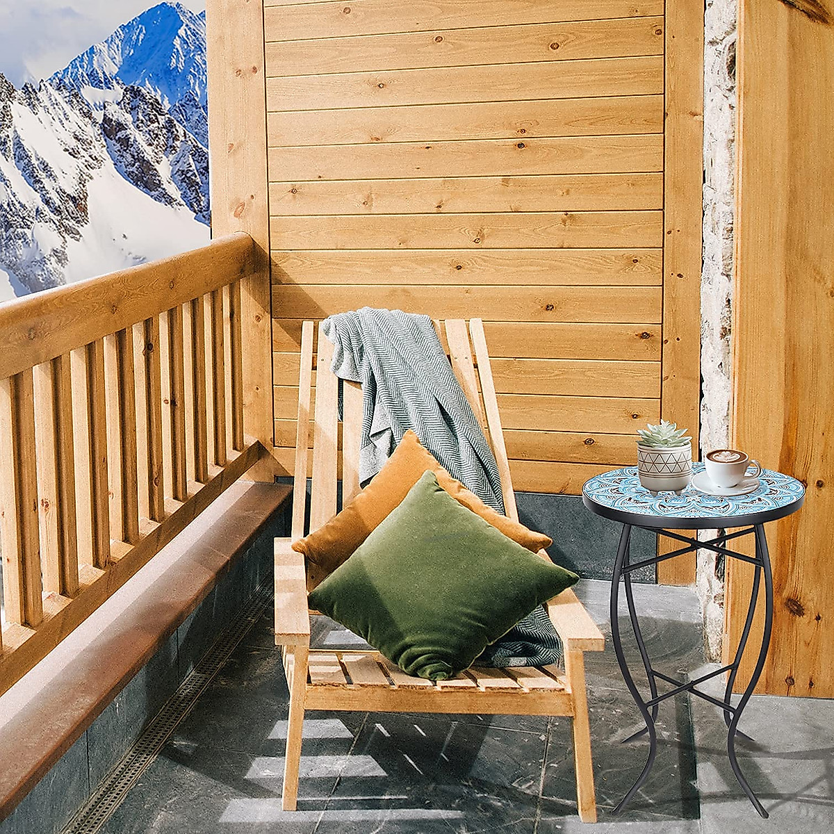 Vipush Mosaic Outdoor Side Table, 14" Round Folding End Table, Patio Accent Table Indoor Plant Stand for Living Room,Geramic Table Top Black Iron,Light Blue