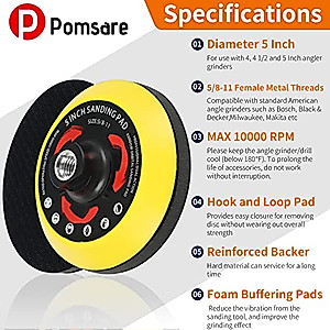 Pomsare 5 Inch Upgraded Hook and Loop Backing Pad with 80PCS Sanding Discs, Angle Grinder Attachments with 5/8-11, Drill Sanding Pad for Wood Sanding Polishing(40/60/80/120/180/240/320/600 Grit)