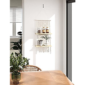 SUMGAR Macrame Wall Hanging Shelves 2 Tier - Boho Hanging Plant Shelf for Wall, Wood Color Woven Rope Floating Shelf, Boho Shelf Window, Bedroom, Bathroom Indoor Wall for Mother's Day, Birthday