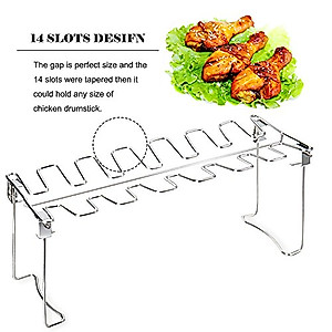 G.a HOMEFAVOR Chicken Leg Wing Rack 14 Slots Stainless Steel Metal Roaster Stand with Drip Tray for Smoker Grill or Oven, Dishwasher Safe, Non-Stick, Great for BBQ, Picnic