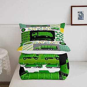 Green Garbage Truck Comforter Powered Waste Management Recycling Trucks Bedding Set Cartoon Garbage Truck Bedding Set for Kids Boys Girls Car Duvet Set Room Decor Quilt Set Full Size