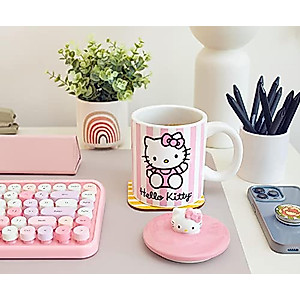 Toynk Hello Kitty Pink Stripes Ceramic Mug With Lid | Holds 18 Ounces
