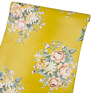 Yifely Vintage Peony Floral Shelving Paper Dark Yellow Peel & Stick Shelf Liner Dresser Drawer Sticker 17.7 Inch by 9.8 Feet