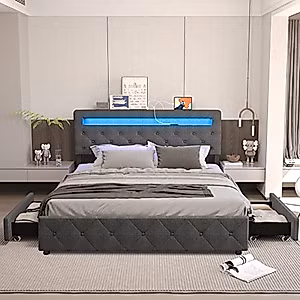 HOMFAMILIA Queen Bed Frame with Headboard and Drawers, LED Bed Frame with Adjustable Storage & LED Lights Headboard, Upholstered Platform Bed with 2 USB Ports, No Box Spring Needed, Dark Grey