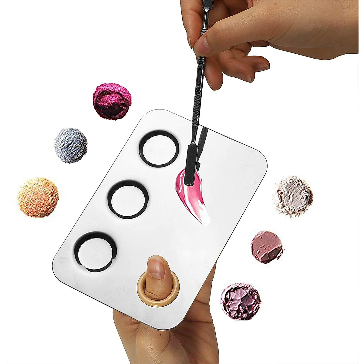 KissDate Makeup Mixing Palette, 6x4inch Stainless Steel Makeup Palette 3-well Nail-art Cosmetic Artist Mixing Palette with Makeup Spatula, Stocking Stuffers Christmas Gifts for Women