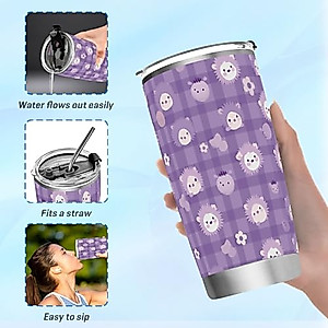 sanluoli Purple Hedgehogs Checkered Plaid Stainless Steel drinking cups with lids with Straw Leak Resistant Flip travel coffee mug for Home, Office or Car cute straw tumbler 20 OZ